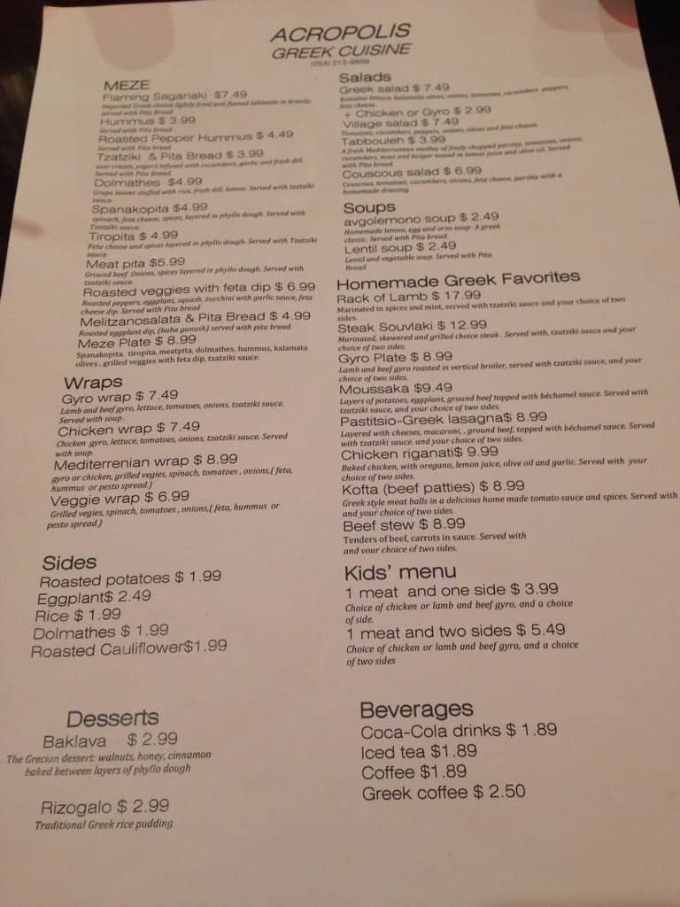Menu at Acropolis cafe, Harker Heights