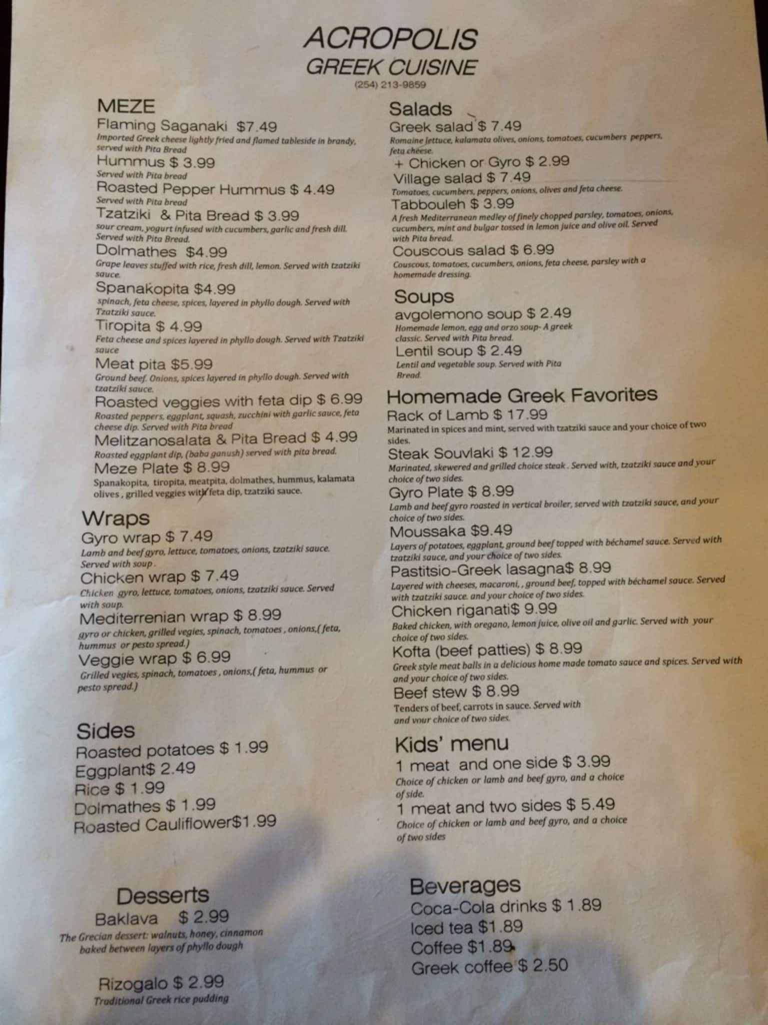 Menu at Acropolis cafe, Harker Heights