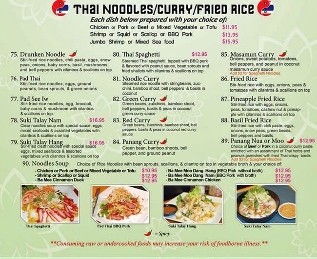 Menu at Thai fuku restaurant, Cocoa Beach