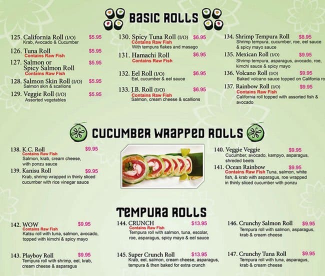 Menu at Thai fuku restaurant, Cocoa Beach