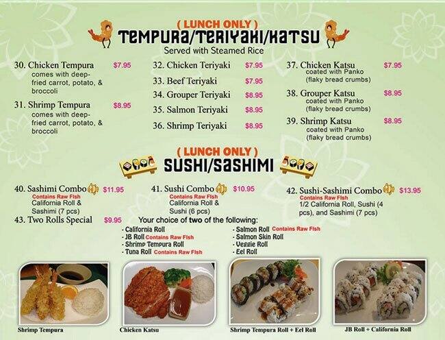 Menu at Thai fuku restaurant, Cocoa Beach