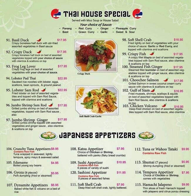 Menu at Thai fuku restaurant, Cocoa Beach