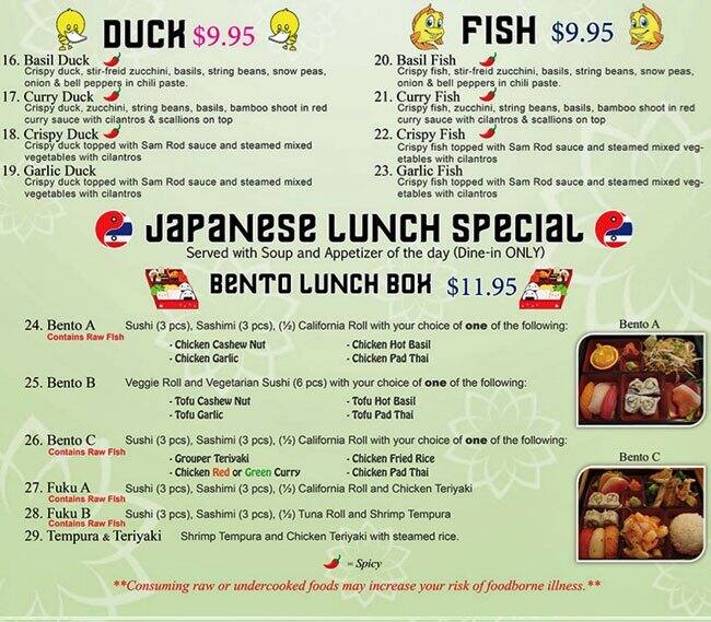 Menu at Thai fuku restaurant, Cocoa Beach