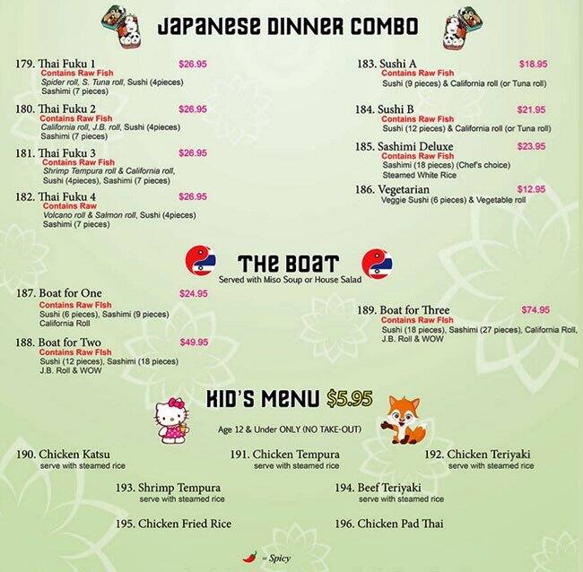 Menu at Thai fuku restaurant, Cocoa Beach