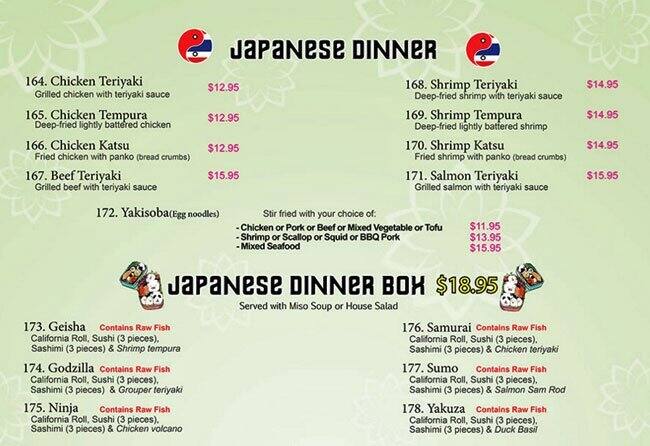 Menu at Thai fuku restaurant, Cocoa Beach