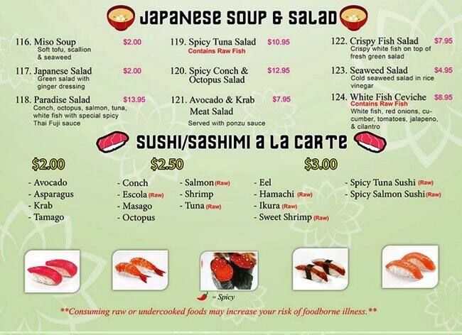 Menu at Thai fuku restaurant, Cocoa Beach