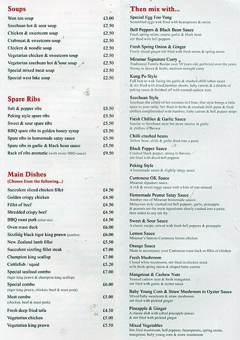Menu at The Miramar restaurant, Stockport, 339 Wellington Rd N
