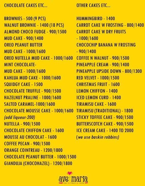 Menu at Ave Maria Cakes, New Delhi, 23