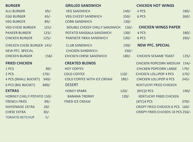 Menu of New PFC, Chinar Park, Kolkata