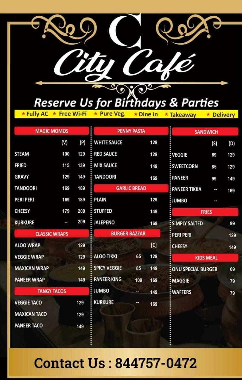 Menu of City Cafe, Narela, New Delhi