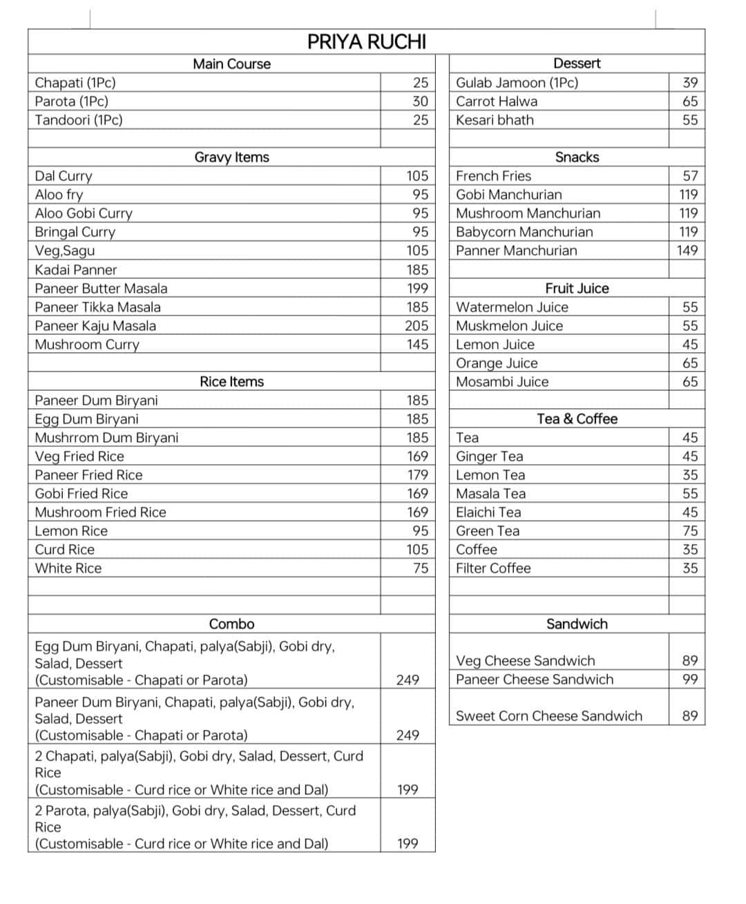 Menu of Priya Ruchi, Bannerghatta Road, Bangalore