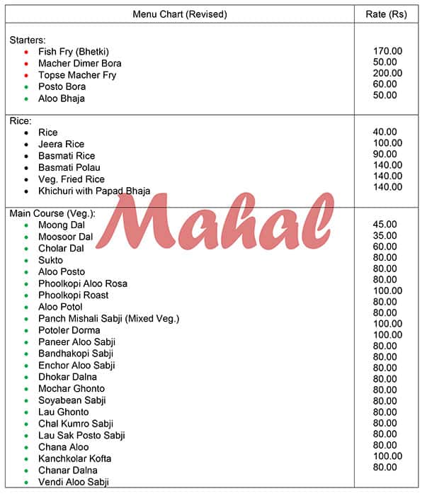 Menu of Mahal Restaurant, College Street, Kolkata