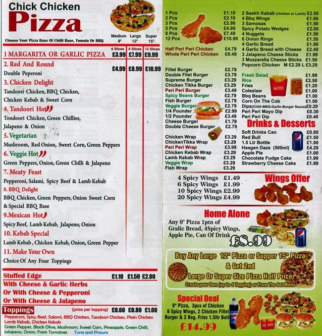 Menu at Chick Chicken fast food, London, 5A Clifton Rise