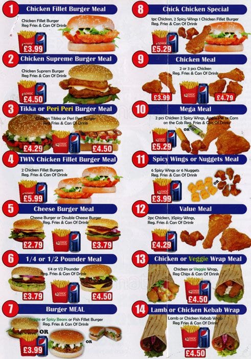Menu at Chick Chicken fast food, London, 5A Clifton Rise