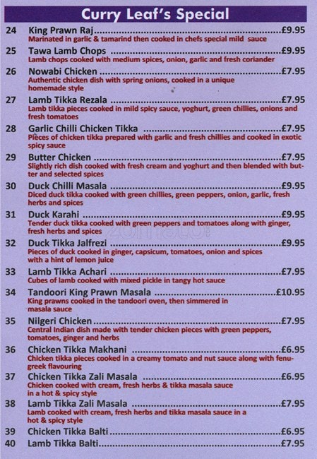Menu at Curry Leaf restaurant, London, 135A St John's Hill