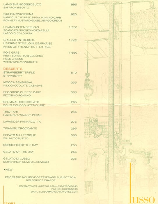 Menu at Lusso cafe, Makati