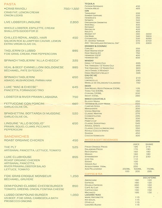 Menu at Lusso cafe, Makati