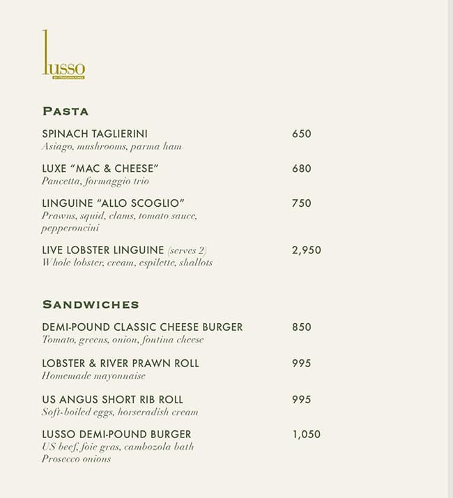 Menu at Lusso cafe, Makati