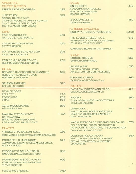 Menu at Lusso cafe, Makati