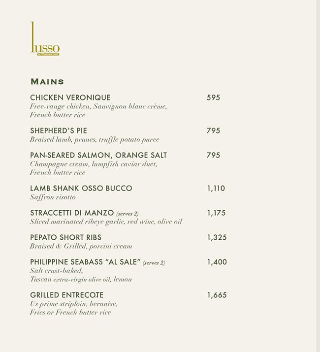 Menu at Lusso cafe, Makati