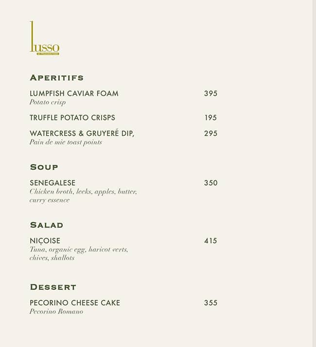 Menu at Lusso cafe, Makati