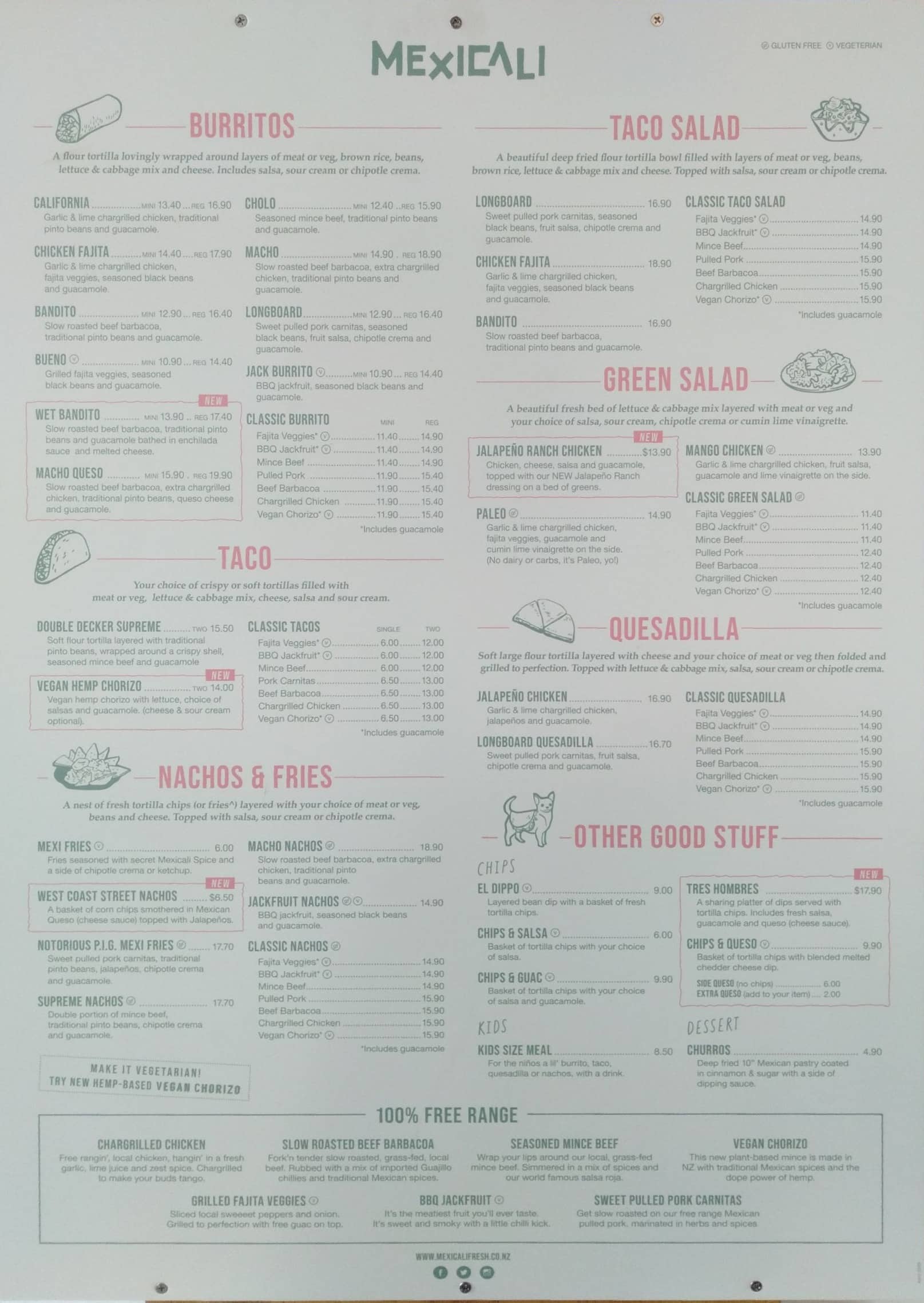 Menu at Mexicali Fresh restaurant, Auckland, 8 Massey Ave