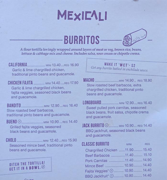 Carta del restaurante Mexicali Fresh Victoria, Auckland, 103 Victoria St W