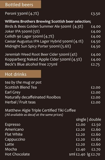 Menu at Three Birds restaurant, Edinburgh