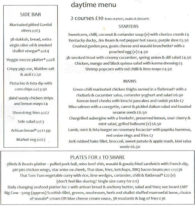 Menu at Three Birds restaurant, Edinburgh