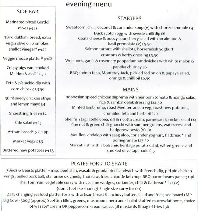 Menu at Three Birds restaurant, Edinburgh