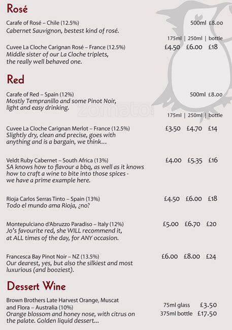 Menu at Three Birds restaurant, Edinburgh