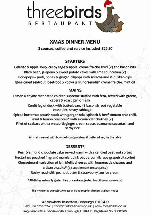 Menu at Three Birds restaurant, Edinburgh