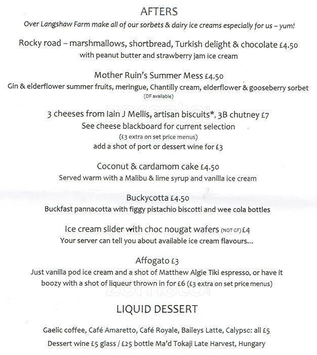 Menu at Three Birds restaurant, Edinburgh