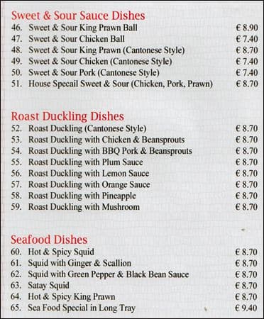 Menu at Sunkist Chinese fast food, Dublin, 34A Baldoyle Rd