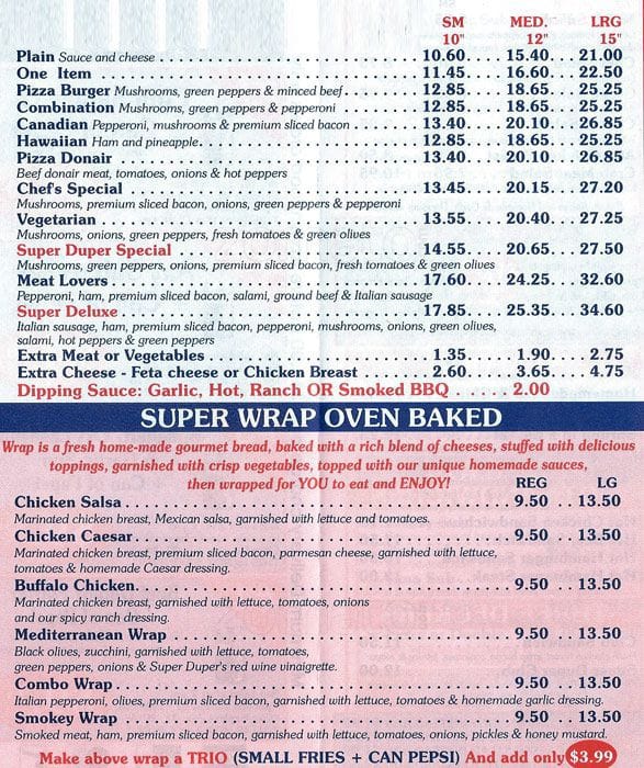 Menu at Super Duper Pizza pizzeria, Ottawa, Pleasant Park Rd