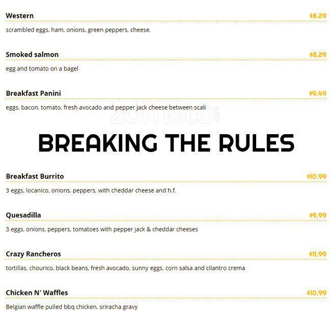 Menu at The Breakfast Club, Boston