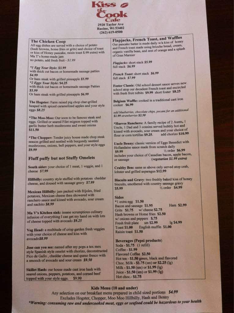Menu at Kiss the Cook restaurant, Racine, Taylor Ave