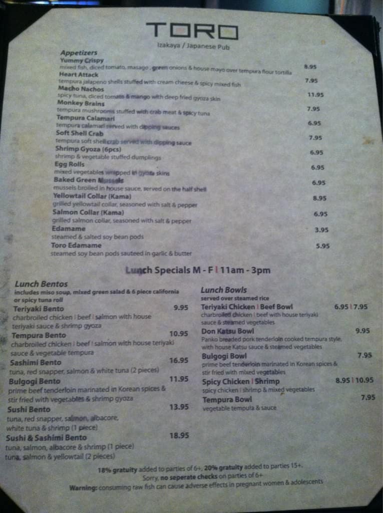 Toro Sushi Bar and Grill Menu, Menu for Toro Sushi Bar and Grill ...