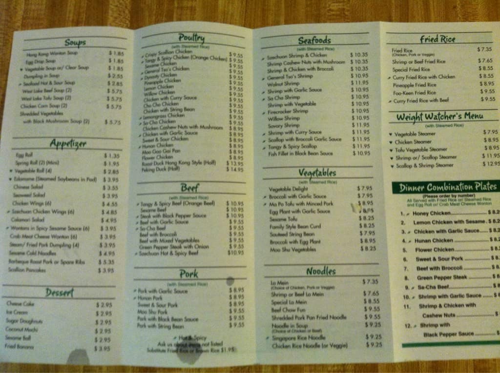 Menu at Sampan Chinese Restaurant, Winston-Salem