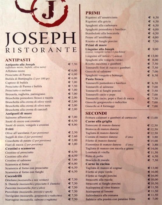 Menu at Joseph Ristorante, Rome