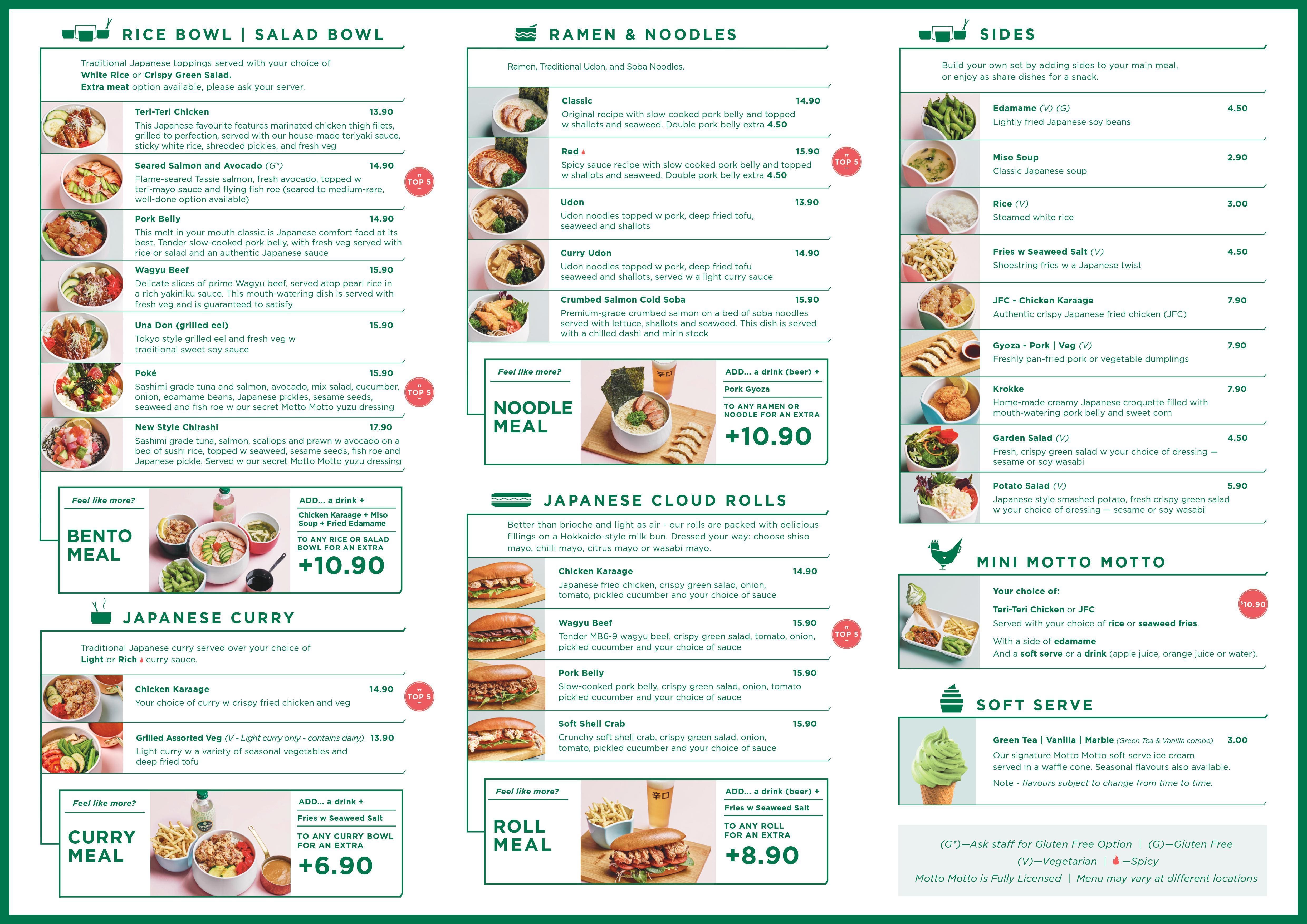 Menu at Motto Motto restaurant, Broadbeach Waters, 32/2 Hooker Blvd