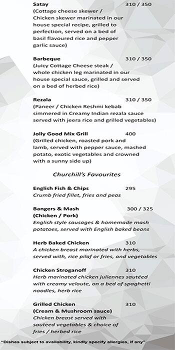 Menu at Churchill's, Bengaluru