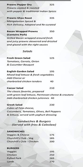 Menu at Churchill's, Bengaluru