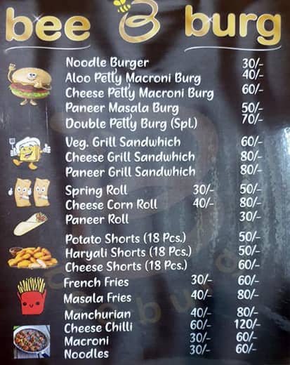 Menu of Bee Burg, Rama Mandi, Jalandhar