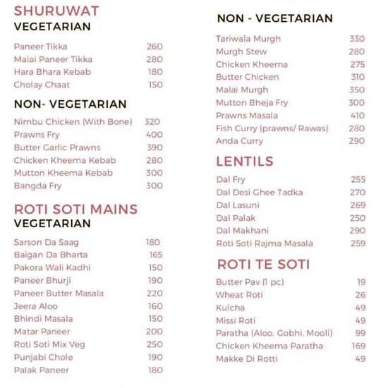 Menu of Roti Soti - My Punjab, 4 Bungalows, Mumbai