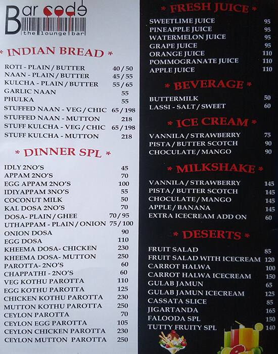 Menu at Barcode Pub, Bengaluru