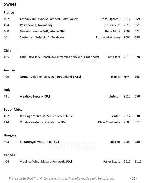 Menu at Simpsons restaurant, Birmingham