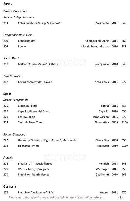 Menu at Simpsons Restaurant, Birmingham