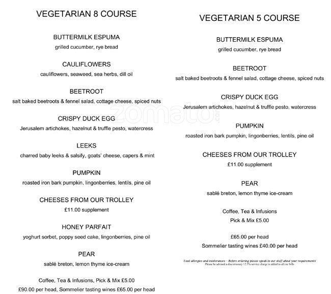 Menu at Simpsons restaurant, Birmingham