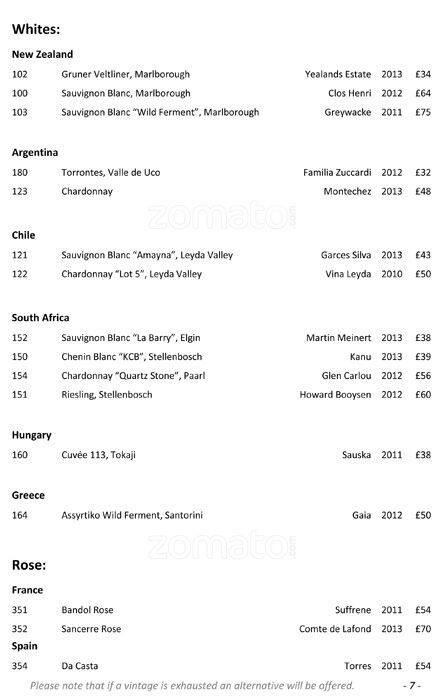 Menu at Simpsons restaurant, Birmingham